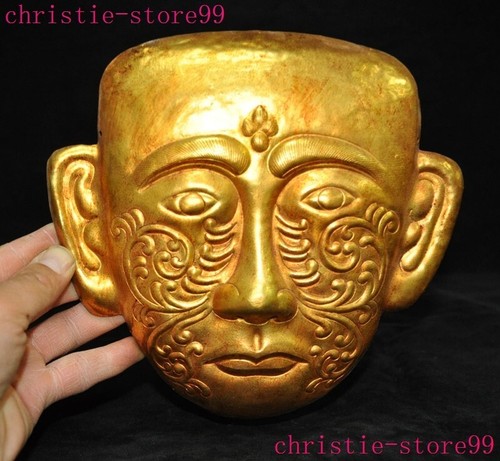 8.4" China bronze 24k gold gilt Ancient sacrifice Human face mask ...