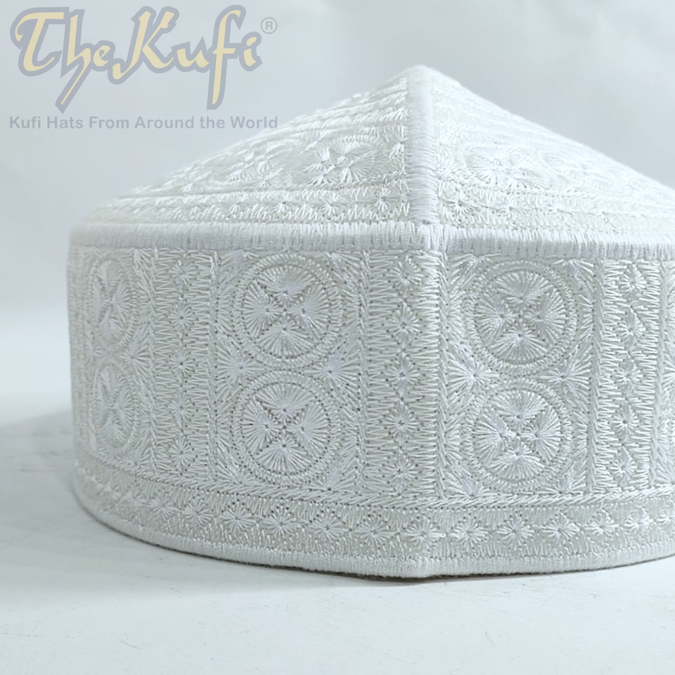 White Embroidered Textured Rigid Pakistani-style MUSLIM Kufi Hat Topi ...