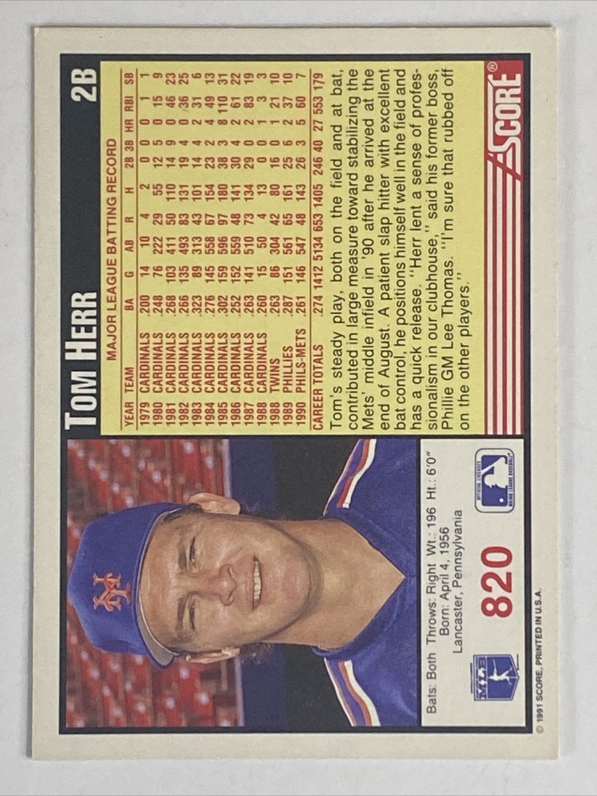 Tom Herr Signed 1991 Score Mets Autograph | eBay