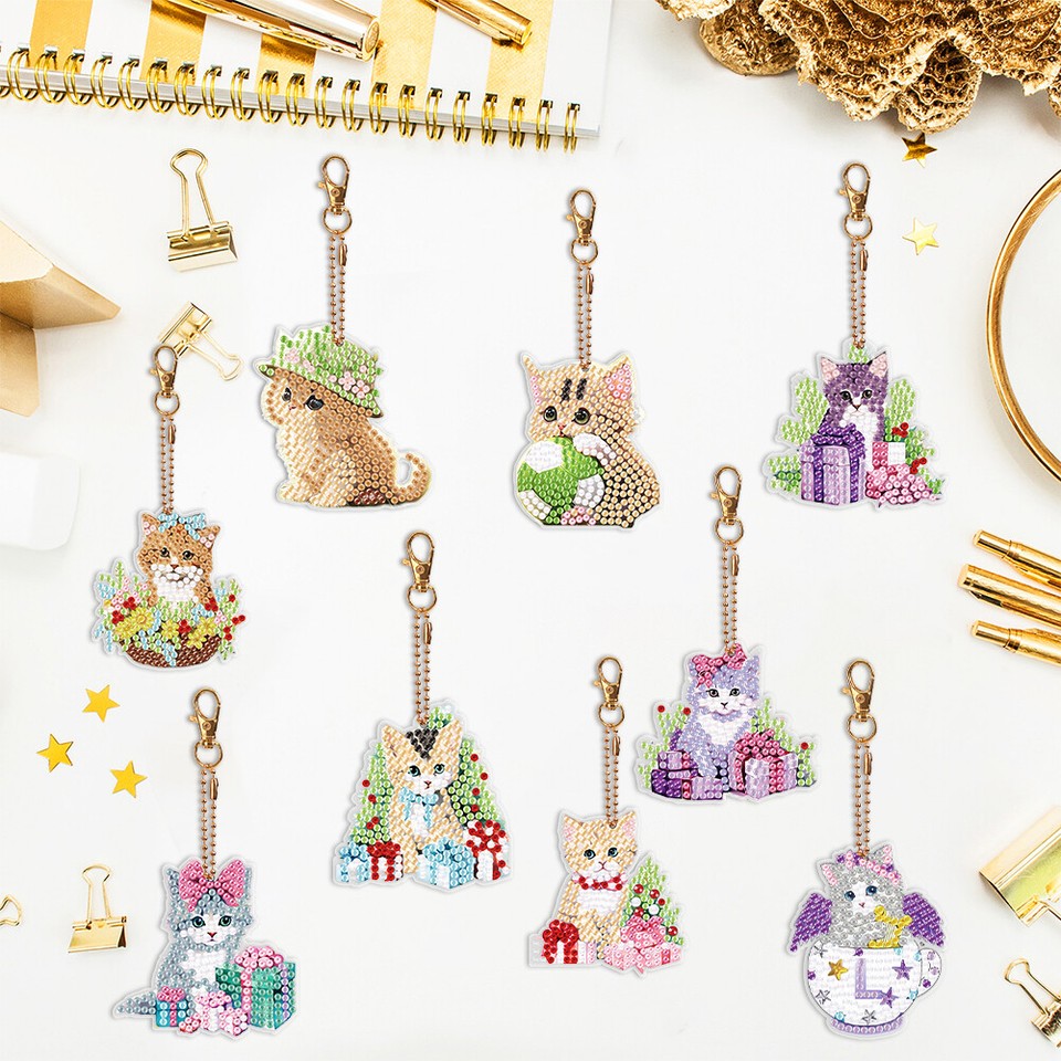 9PCS Full Drill Keyring Cat Double Sided for Birthday Crafting Home ...