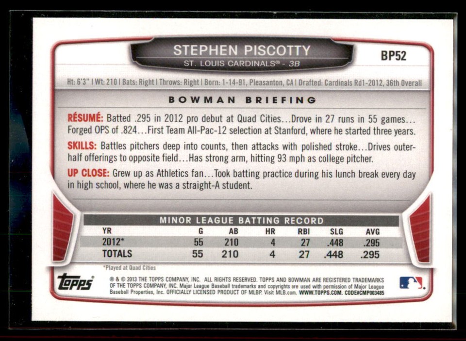 2013 Bowman Prospects Stephen Piscotty #BP52 St. Louis Cardinals | eBay