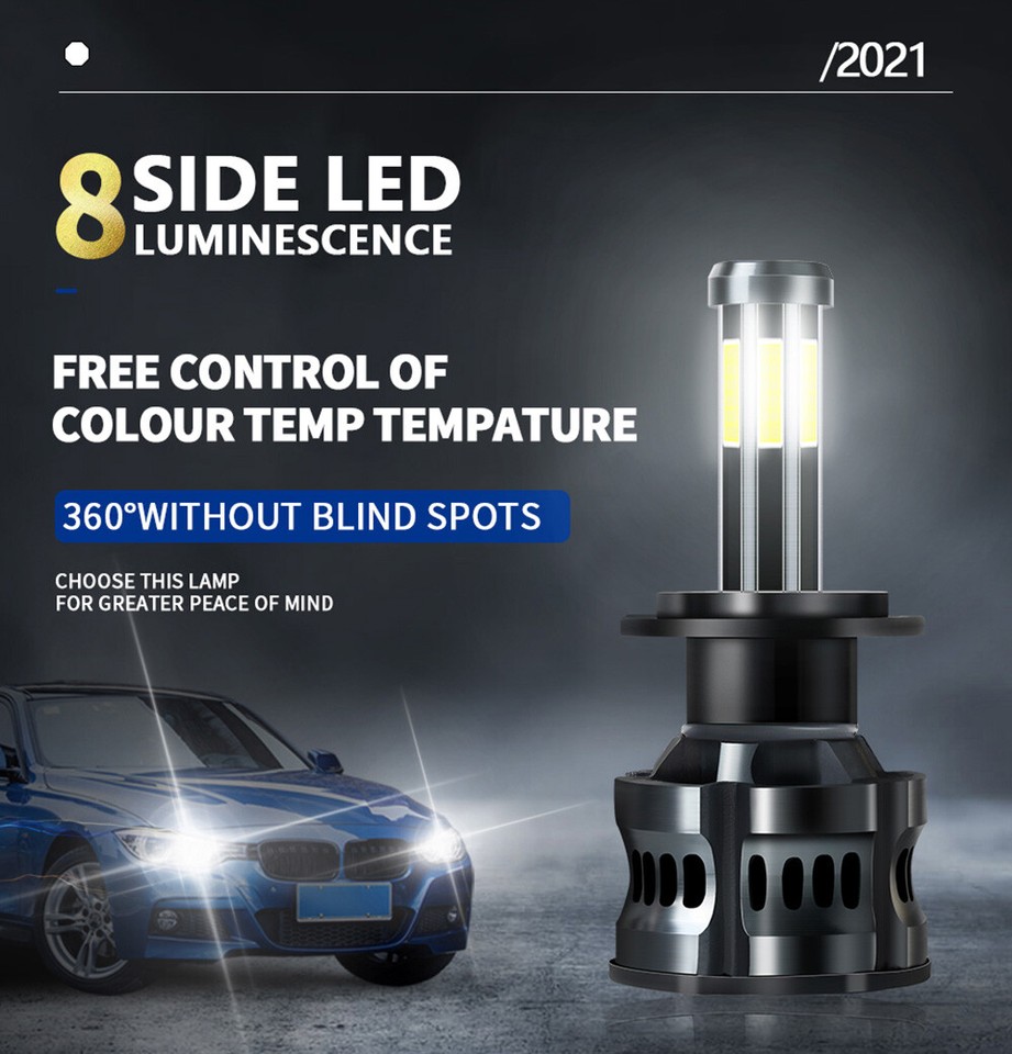 360¬∞ 8-Sided 3 Colors H7 LED Headlight Bulbs Kit 3000K/6000K/8000K ...