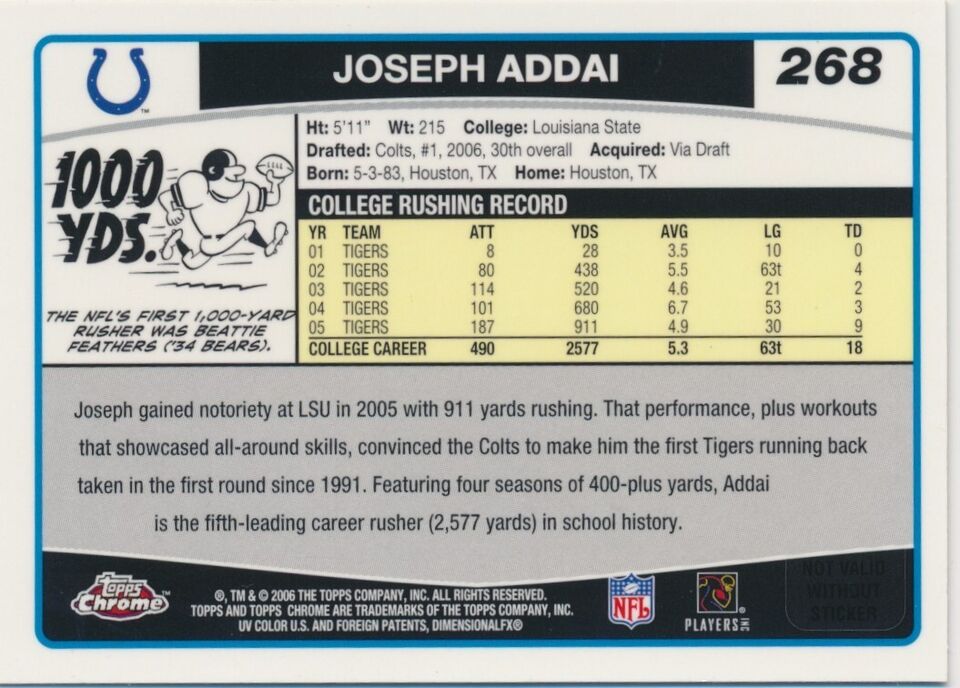 2006 Topps Chrome #268 Joseph Addai Rookie Indianapolis Colts | eBay