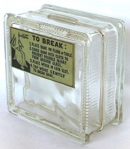RARE Vintage Glass Block Coin Bank 'See Your Savings' w/To Break Inst ...