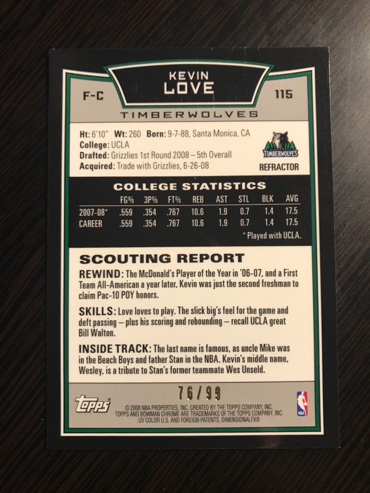 2008 Bowman Chrome Kevin Love Rookie RC Blue Refractor /99 | eBay