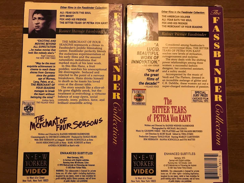 VHS New Yorker Video RAINER WERNER FASSBINDER COLLECTION Merchant ...