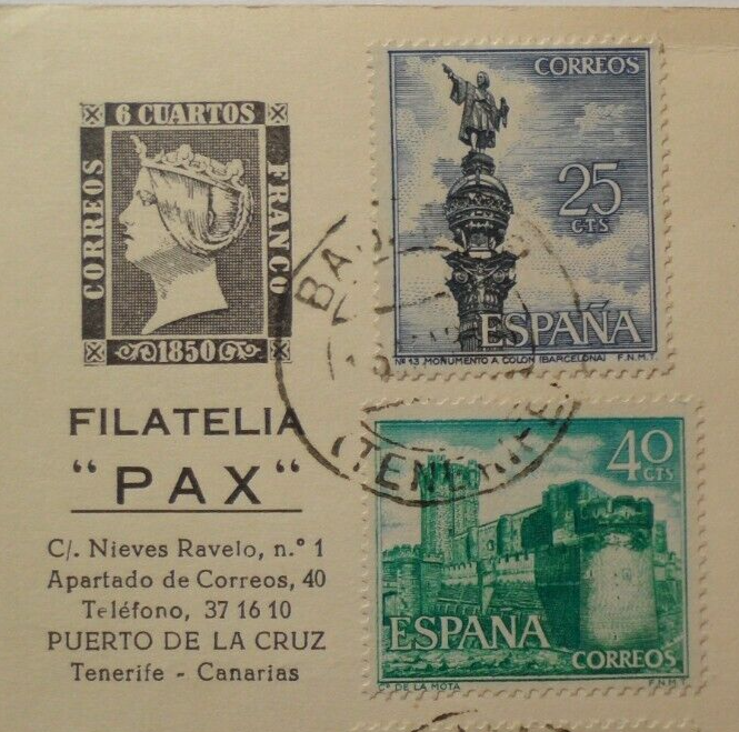 STAMPMART : SPAIN 1968 PUERTO DE LA CRUZ FILATELIA PAX CARD USED TO ...