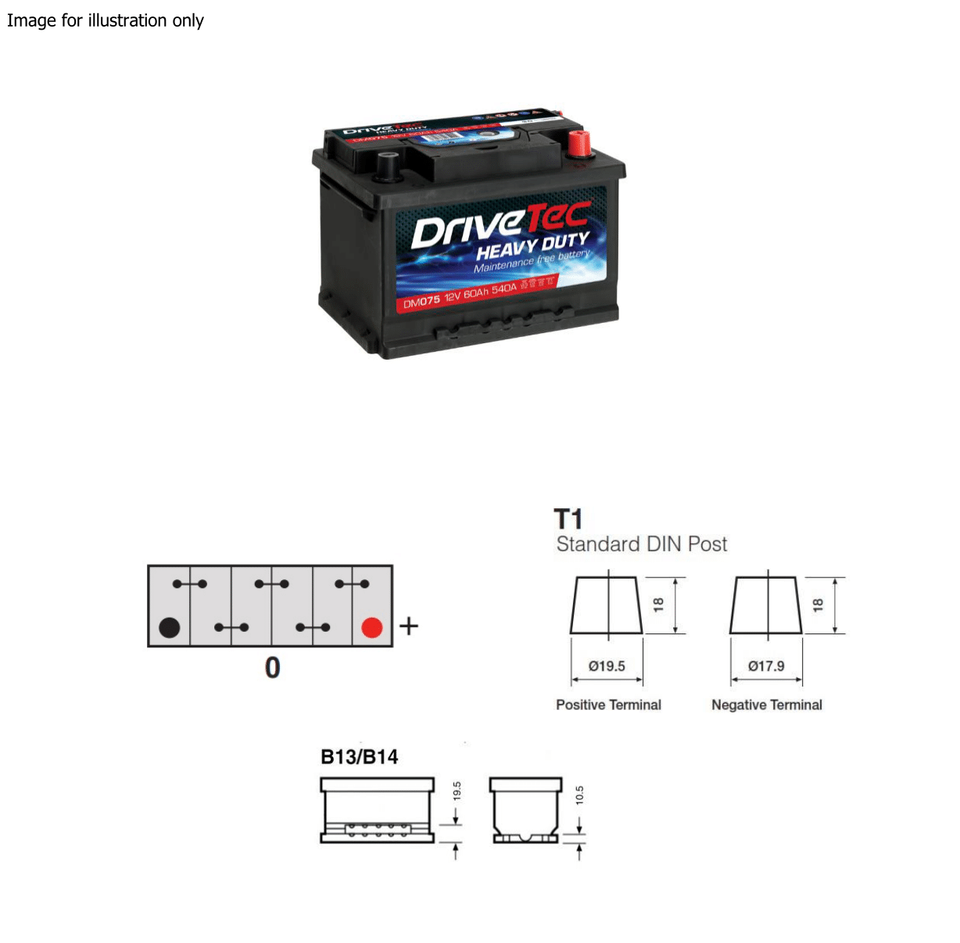DriveTec Car Battery DM075 12V 55Ah 540A B13 B14 3 Years Warranty T1 ...