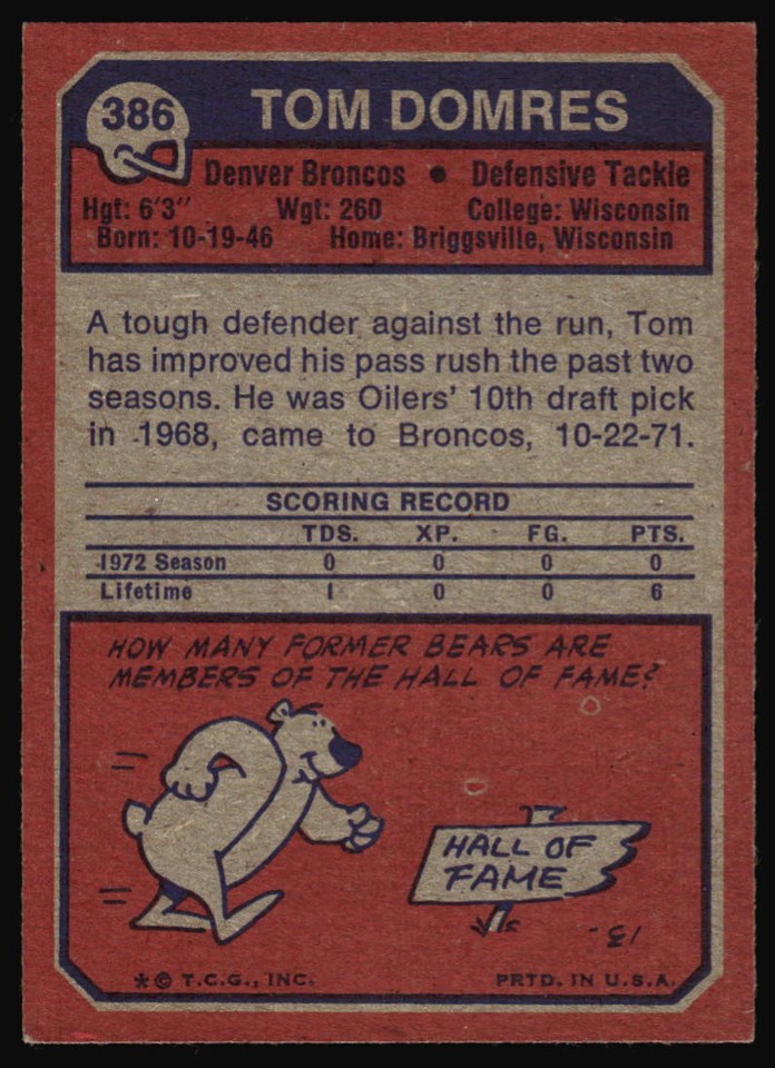 1973 Topps Tom Domres #386 Denver Broncos | eBay