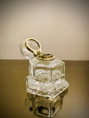 Vintage Glass Inkwell w/ Hinged Brass Lid Square Faceted Desk Ink Well ...