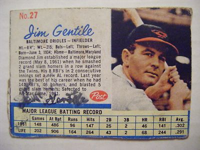 JIM GENTILE signed ORIOLES 1962 Post baseball card AUTO DODGERS KC A's ...