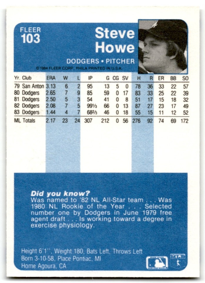 1984 Fleer Steve Howe Los Angeles Dodgers #103 | eBay
