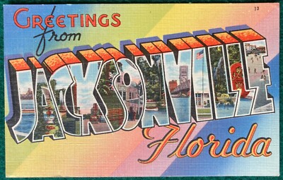 Greetings Jacksonville Florida Large Letter Linen Postcard c1940's FL ...