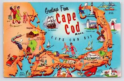 Cape Cod Bay Greetings Attractions Vintage Map Massachusetts MA ...