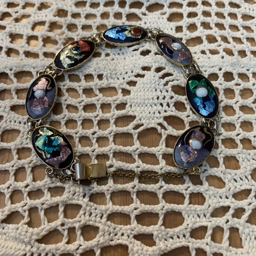 Vintage Glass & Coloured Foil Link Bracelet With Safety Chain 19 cm ...