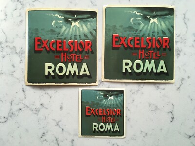 3 VINTAGE EXCELSIOR HOTEL ROMA ITALY LUGGAGE DECAL LABEL TRAVEL STICKER ...