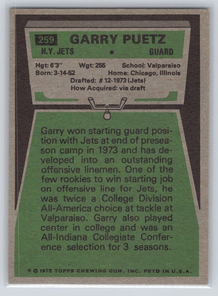 1975 Topps #259 Garry Puetz RC Rookie - Jets - Nrmt | eBay