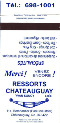 Châteauguay Quebec Canada Châteauguay Springs Ltd., Vintage Matchbook ...