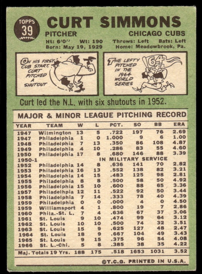 1967 Topps Curt Simmons #39 Chicago Cubs Baseball Card | eBay
