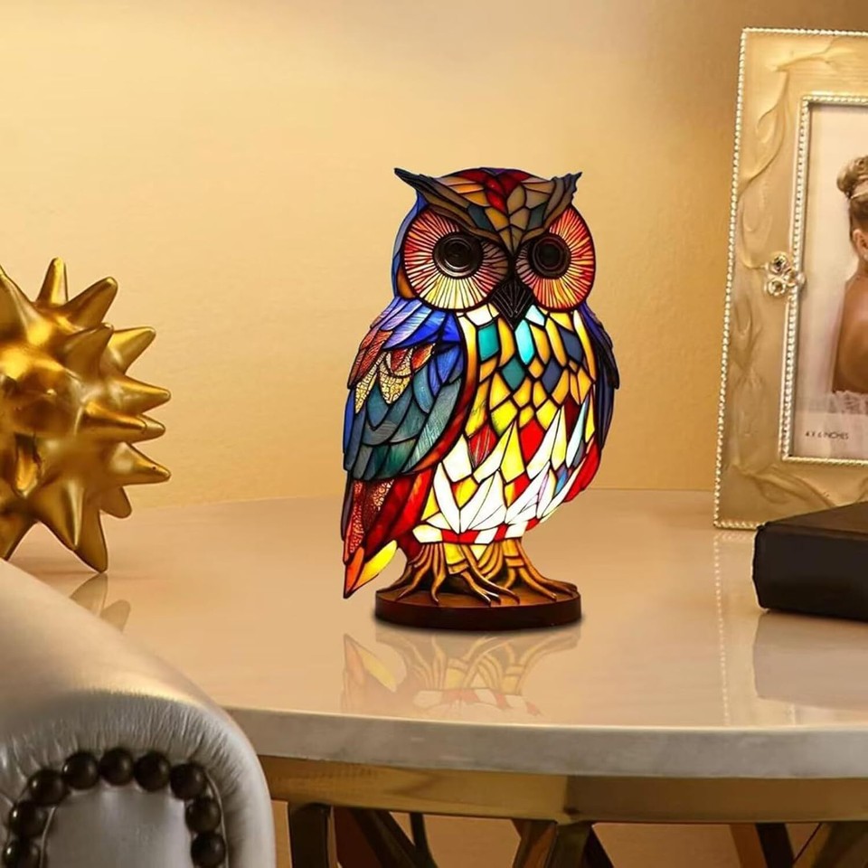 Retro Stained Glass Owl Night Light Lamp for Bedroom Living Room ...