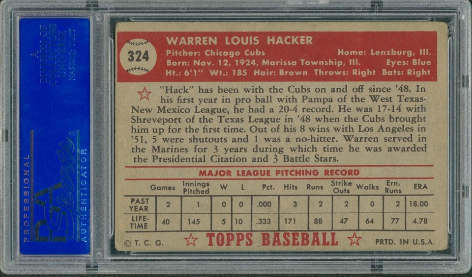 1952 Topps #324 Warren Hacker ^^ Chicago Cubs ** HIGH Number ** PSA 4 ...
