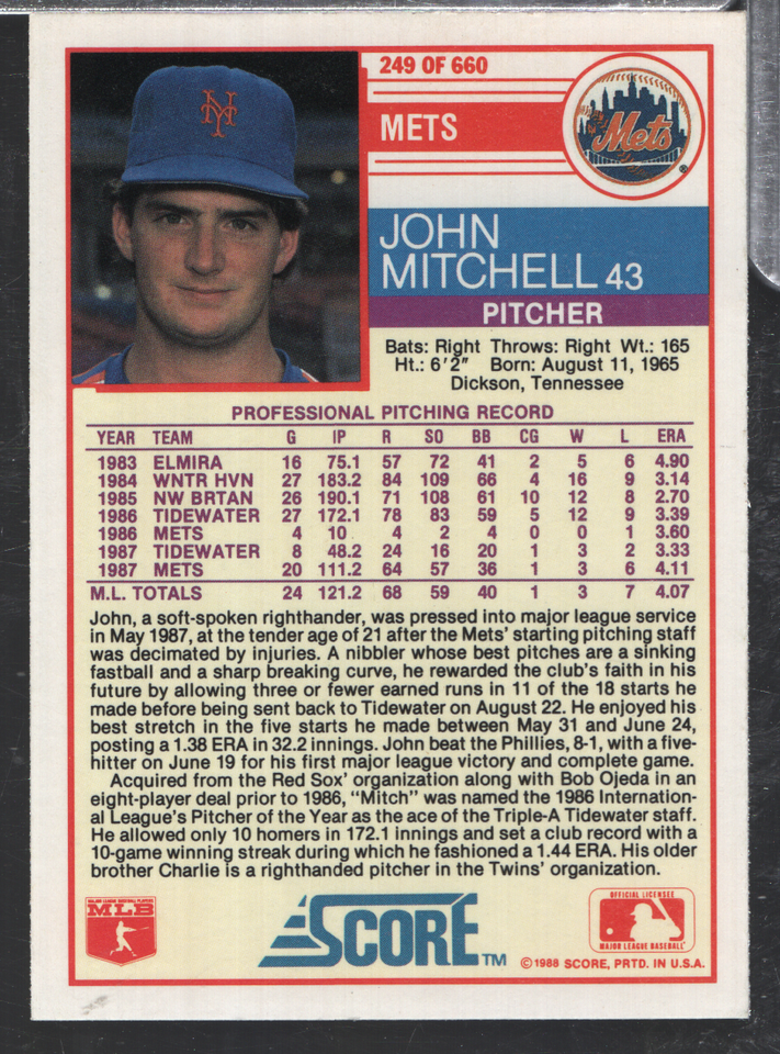 John Mitchell Mets Autographed 1988 Score #249 w/COA 012524NPCD84 | eBay