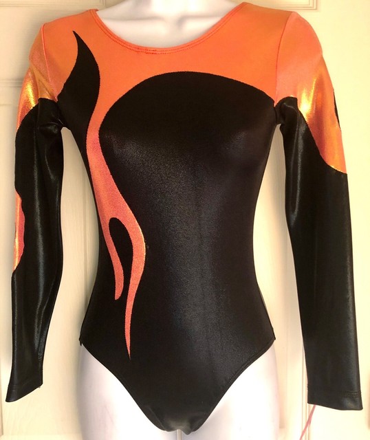 Was 140 95 Nwt Gk Elite Black Orange Foil Lgs Gymnastic Dance Leotard