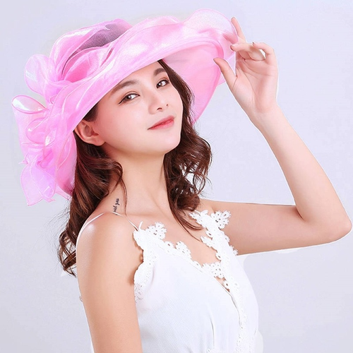 Lady Sun Hat Wide Brim Bucket Cap Sheer Mesh Flower Floppy Wedding ...