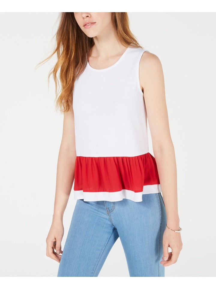 MAISON JULES Womens White Ruffled Color Block Sleeveless Jewel Neck ...