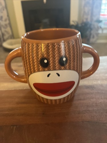 Galerie Sock Monkey Ceramic Coffee Cup Mug 16oz Brown Double Handle ...