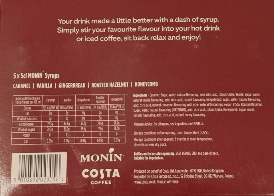 Costa Coffee Syrup Set Gift 5x5cl Monin Caramel/Vanilla/Gingerbread ...