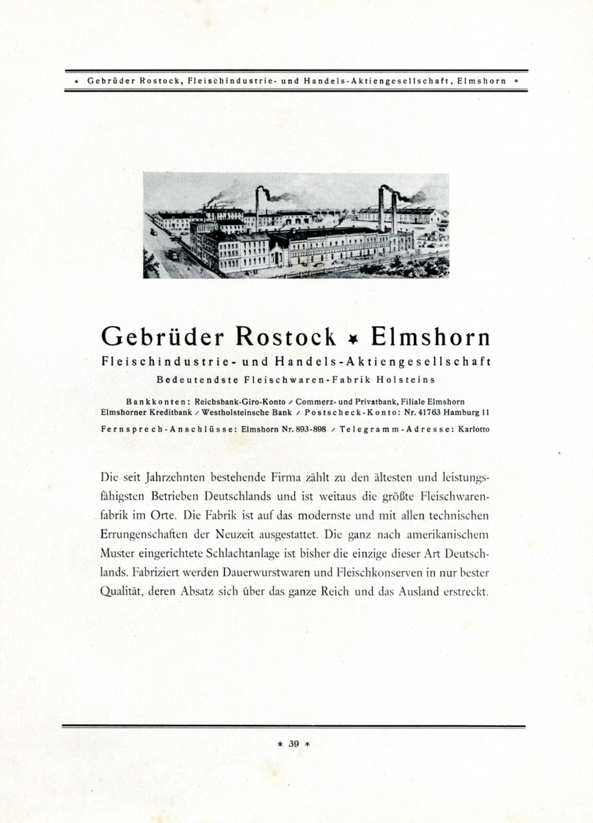 Meat products Rostock Bros. in Elmshorn XL 1930 ad German advertising ...