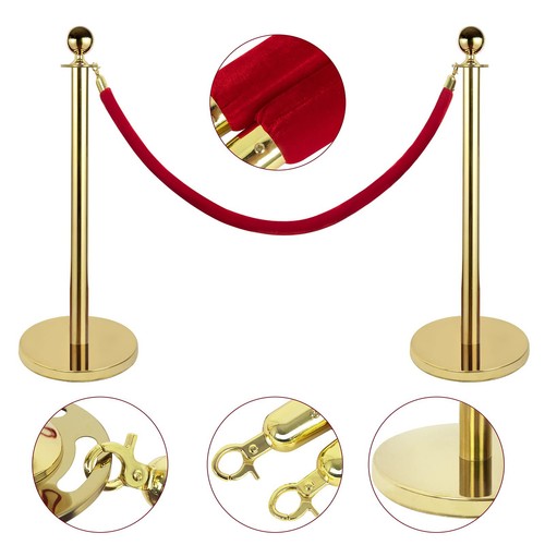 2PCS Gold Stanchion Posts Crowd Control Queue Barriers with Velvet Rope