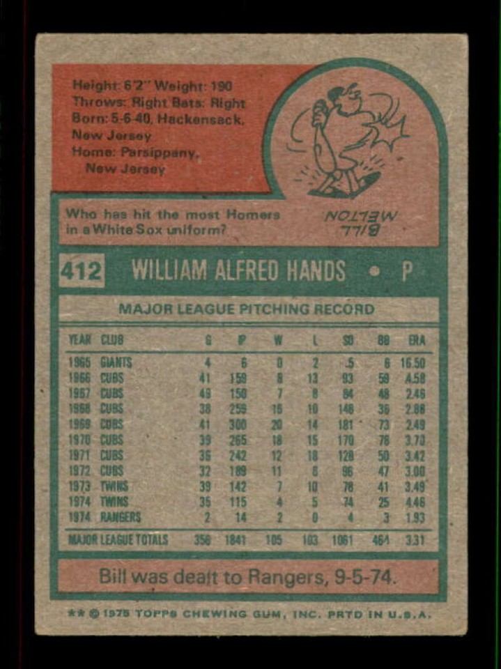 1975 Topps #412 Bill Hands AUTOGRAPHED!! Rangers 234979 | eBay
