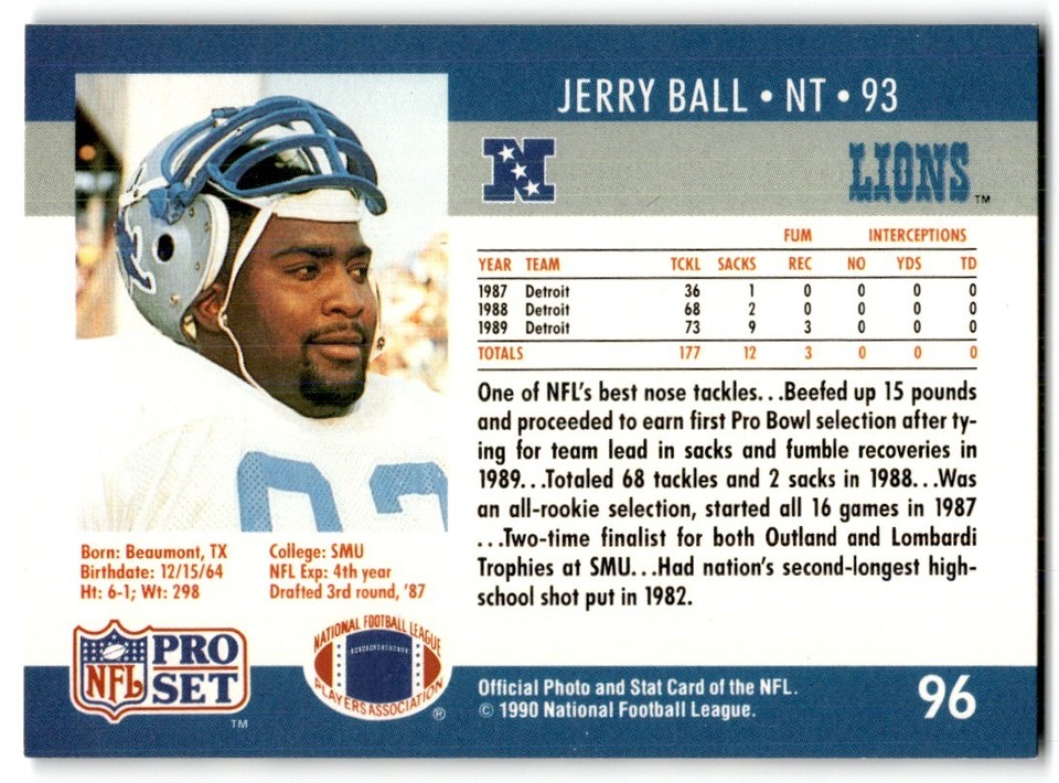 1990 Pro Set Jerry Ball Detroit Lions #96 | eBay