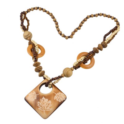 Lady Plastic Beads Decor Wood Beads Neck Strand Sweater Square Pendant ...