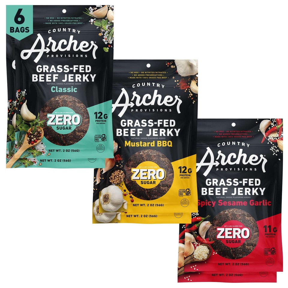 Country Archer Grass-Fed Beef Jerky Variety Pack 6x2oz Classic BBQ ...