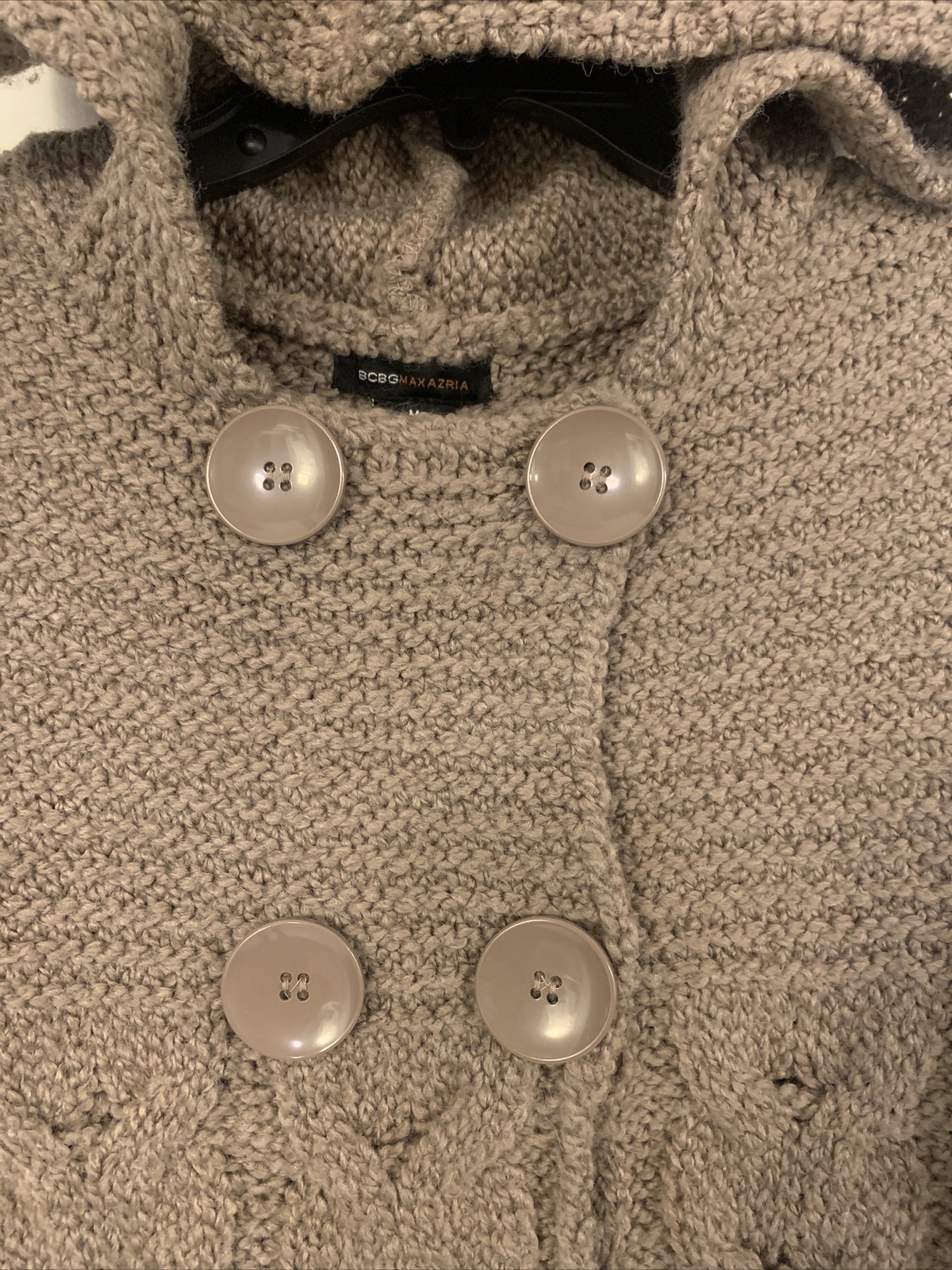 BCBG Maxazria M Taupe Hooded Cable Knit Double Breasted Button Cardigan ...