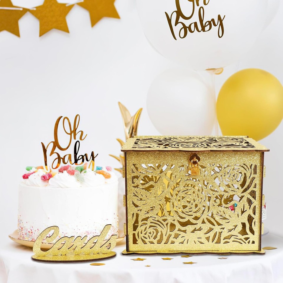 Glittery Gold Wedding Card Box with Lock Wooden Gift Card Box for ...