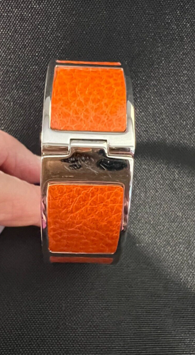 Signed Joan Rivers Silver Tone And Orange Leather Hinged Cuff Bracelet ...