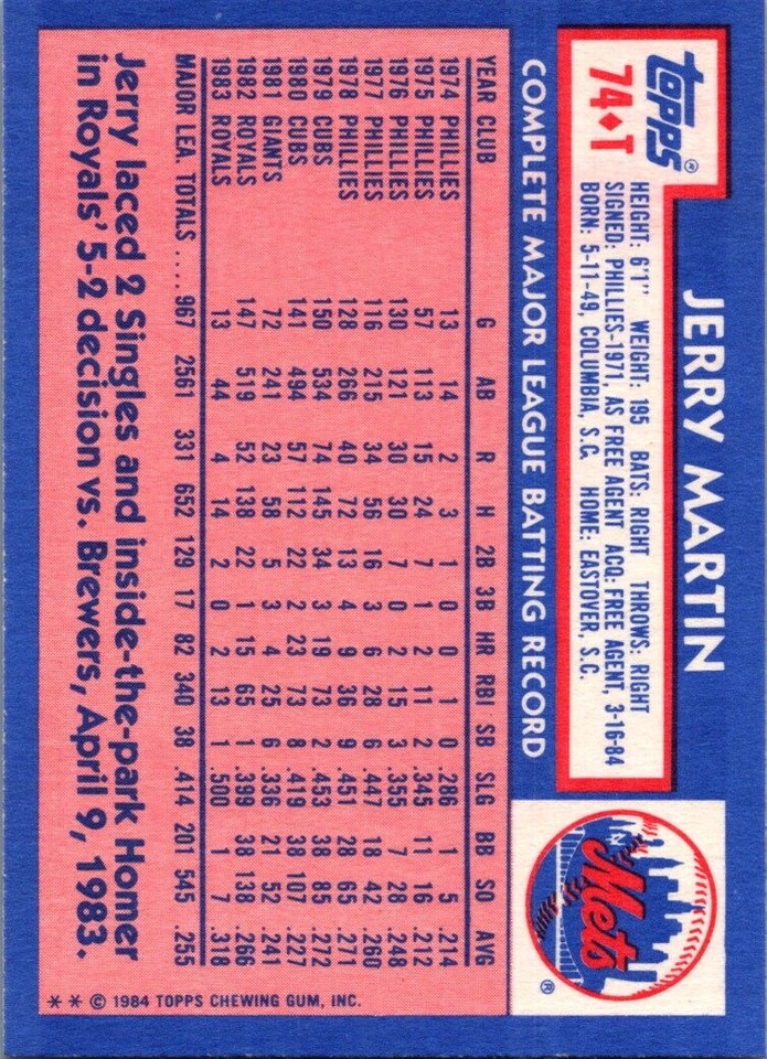 1984 Topps Traded #74T Jerry Martin New York Mets | eBay
