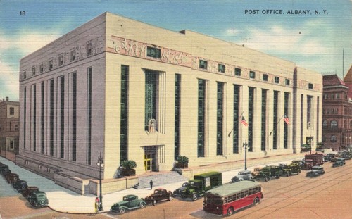 Postcard NY Albany Post Office City Bus USPS Mail Automobiles Trucks ...