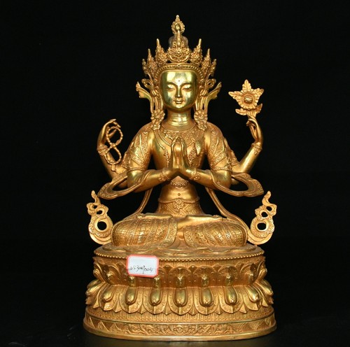 Tibet Kupfer Gilt Sitz Lotus 4-Arm Chenrezig Avalokiteshvara Buddha ...