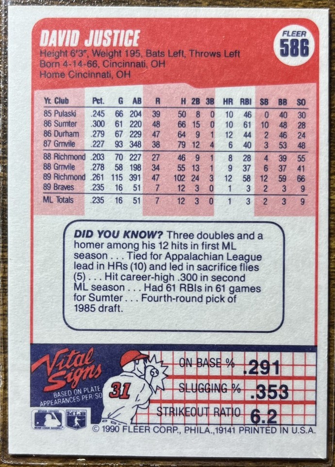 DAVID JUSTICE *1990 FLEER *ROOKIE CARD #586 *ATLANTA BRAVES | eBay