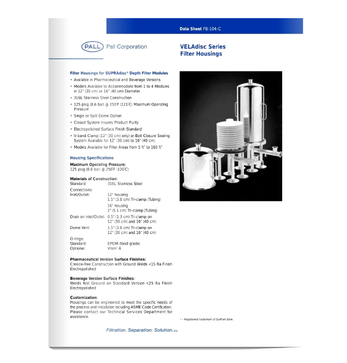 Seitz Memtec Pall 12" VELAdisc SUPRAdisc Filter Housing P12-03C88TC1.5 ...