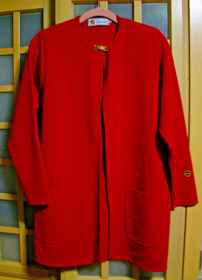 Busnel Classic Red Long French Made Cardigan, Size 44, Fine Wool, Gold ...