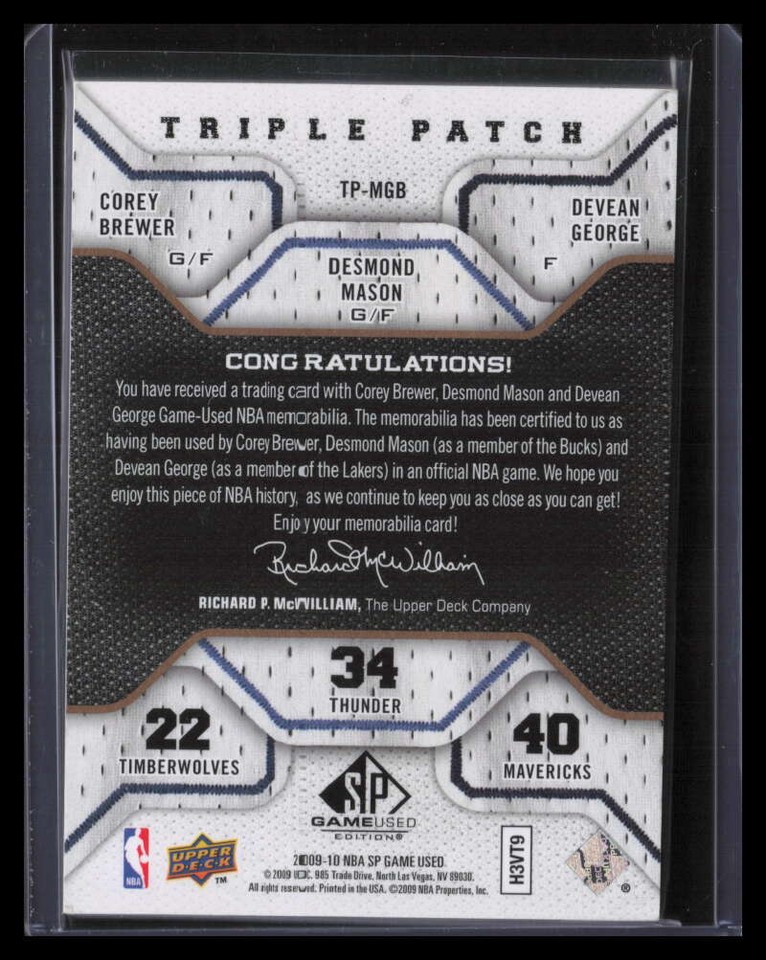 2009-10 SP Game Used Triple Patch TPMGB Mason George Brewer Triple ...