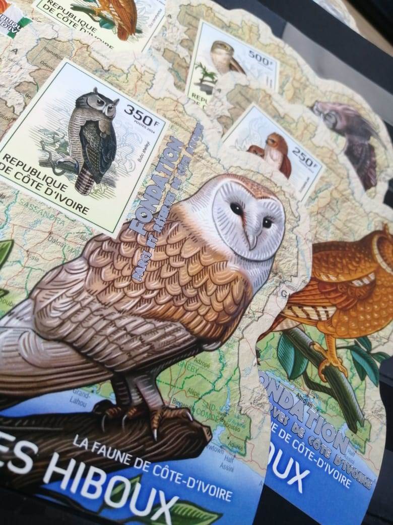 LX287 IMPERF !SILVER 2014 IVORY COAST OWLS BIRDS #1549-2 UV CARDBOARD ...