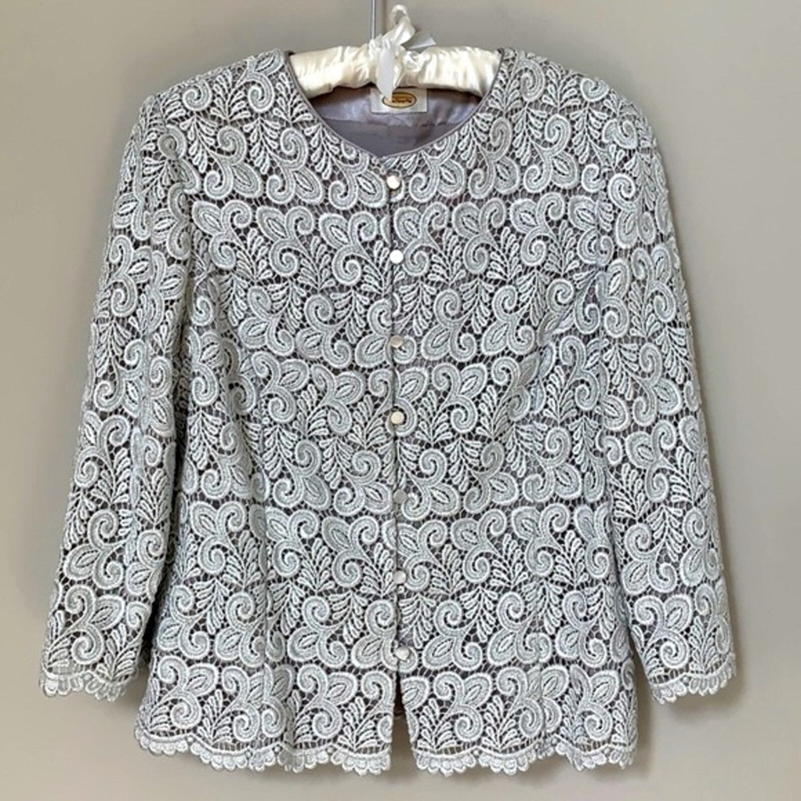 Talbots metallic silver lace jacket button front 3/4 … - Gem