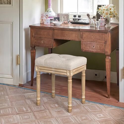 Upholstered Fabric Vanity Bench Seat, Makeup Stools for Vanity, Linen ...